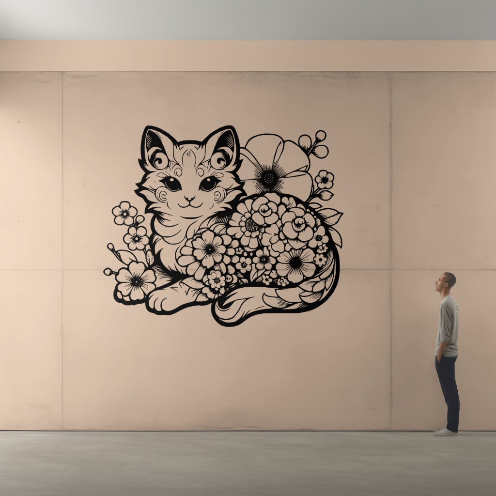 Floral Cat Clipart Vector Illustration Bundle, Cute Black Cat Svg ...