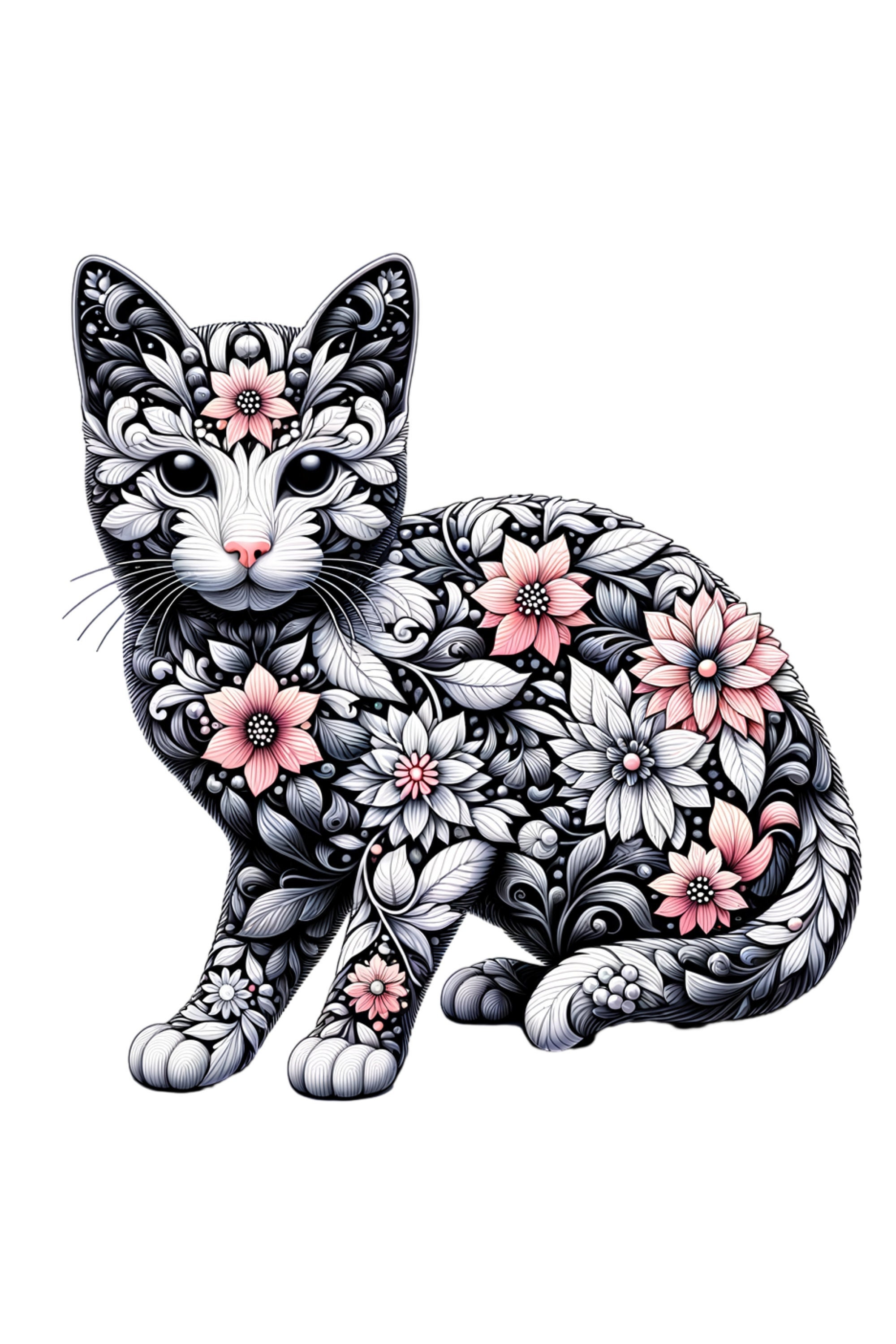 Floral Cat Clipart Vector Illustration Bundle, Cute Black Cat Svg ...