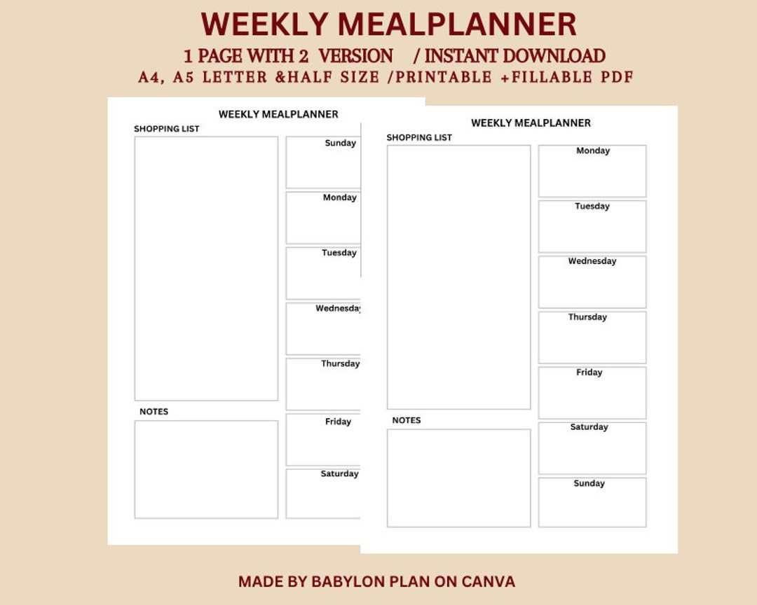 Printable Weekly Meal Planner, Food Diary, Meal Tracker, Food Journal ...