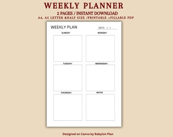 WEEKLY PLANNER PRINTABLE Landscape, Minimalist Weekly Schedule, Week at ...