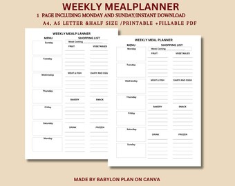 Printable Weekly Meal Planner, Food Diary, Meal Tracker, Food Journal ...