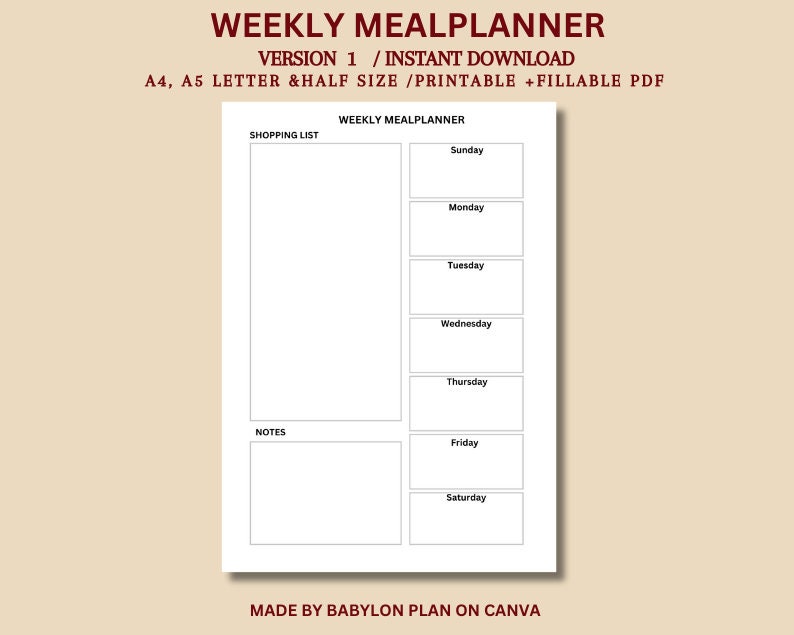 Printable Weekly Meal Planner, Food Diary, Meal Tracker, Food Journal ...