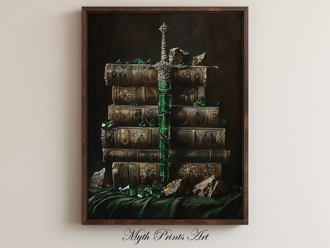 Emerald Dagger and Books Digital Print, Gemstones Dark Academia Oil ...