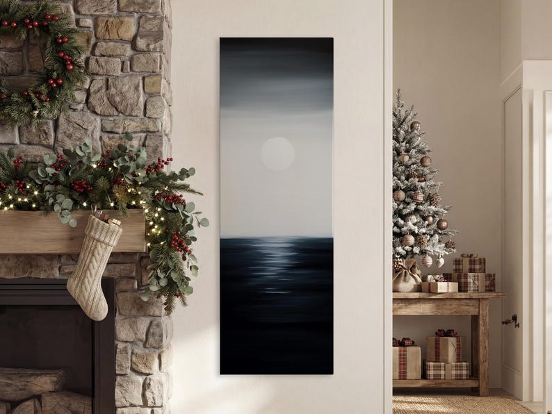 Abstract Sunset Narrow Tall Scenery Print on Canvas, Black and White ...