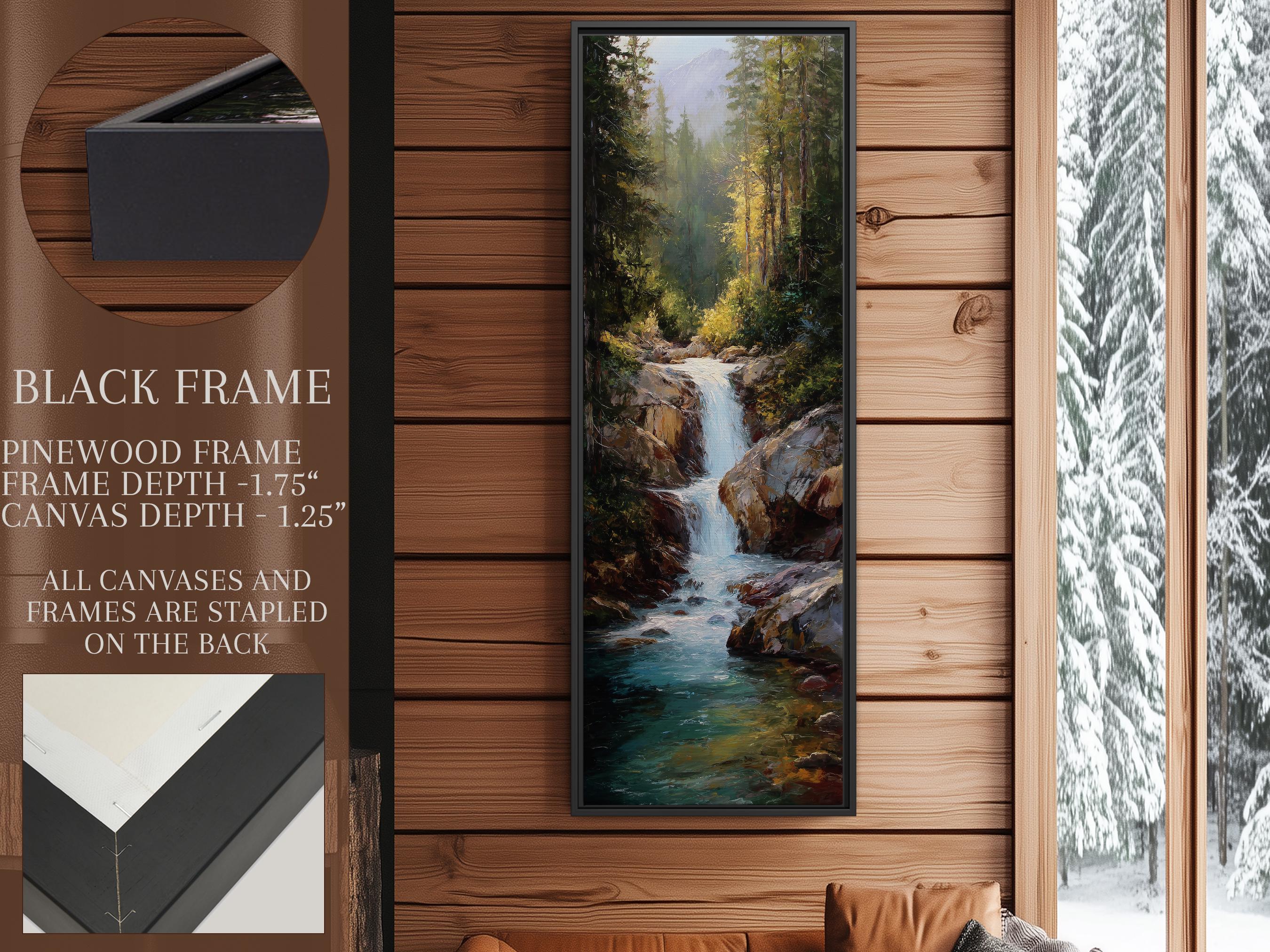 Forest Waterfall Narrow Tall Landscape Print on Canvas, Rustic Oil ...
