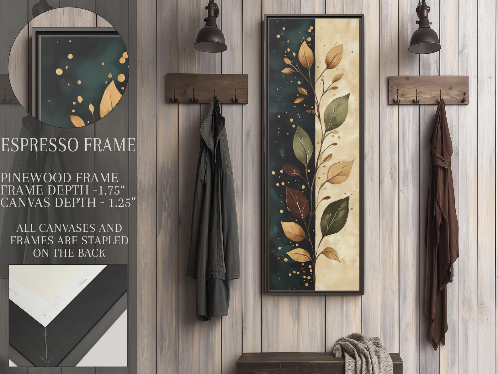 Abstract Leaves Narrow Tall Scenery Print on Canvas, Green and Beige ...