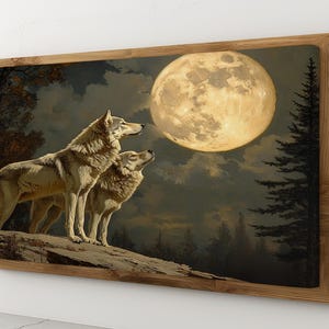 Two Wolves Full Moon Scenery Digital Print, Nature Full Moon Painting ...