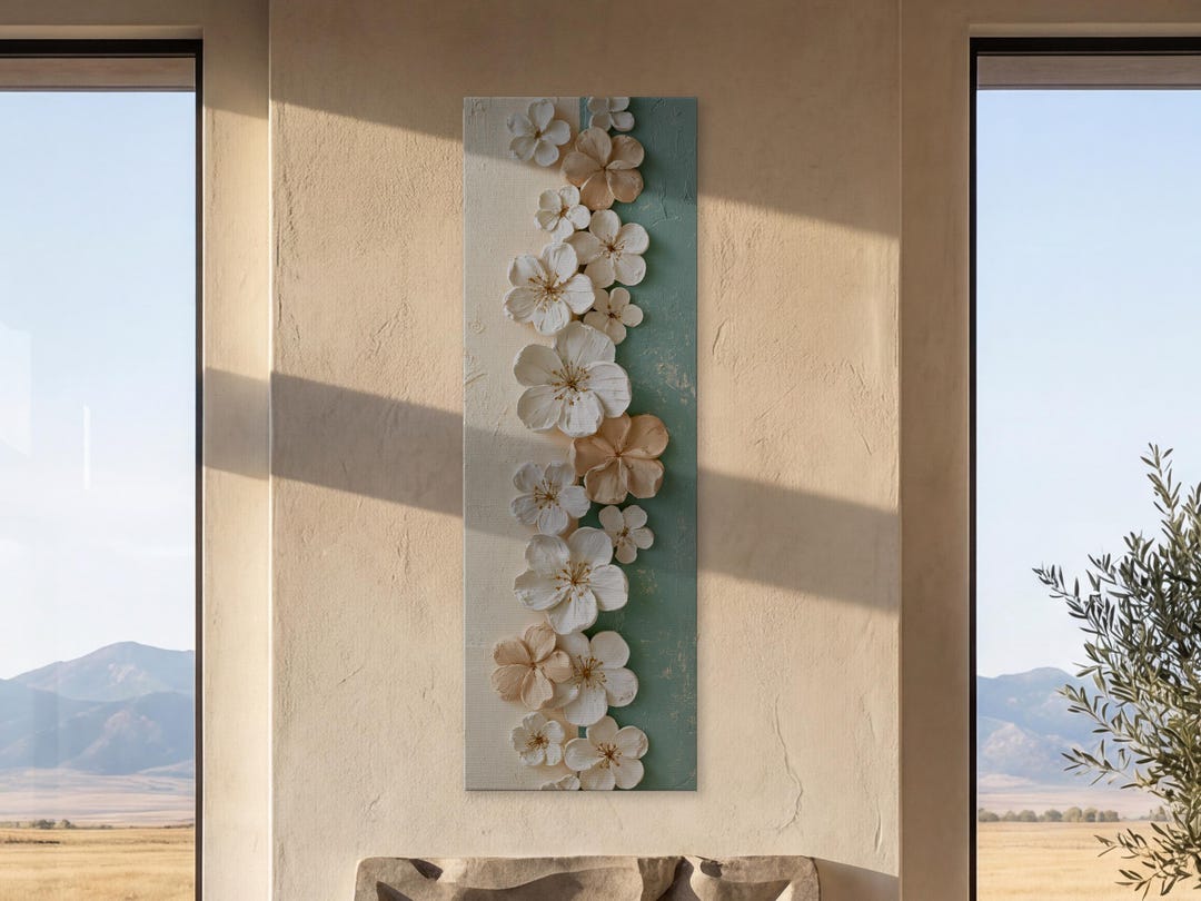 Abstract Blossoms Narrow Tall Large Canvas Print, Beige and Green ...
