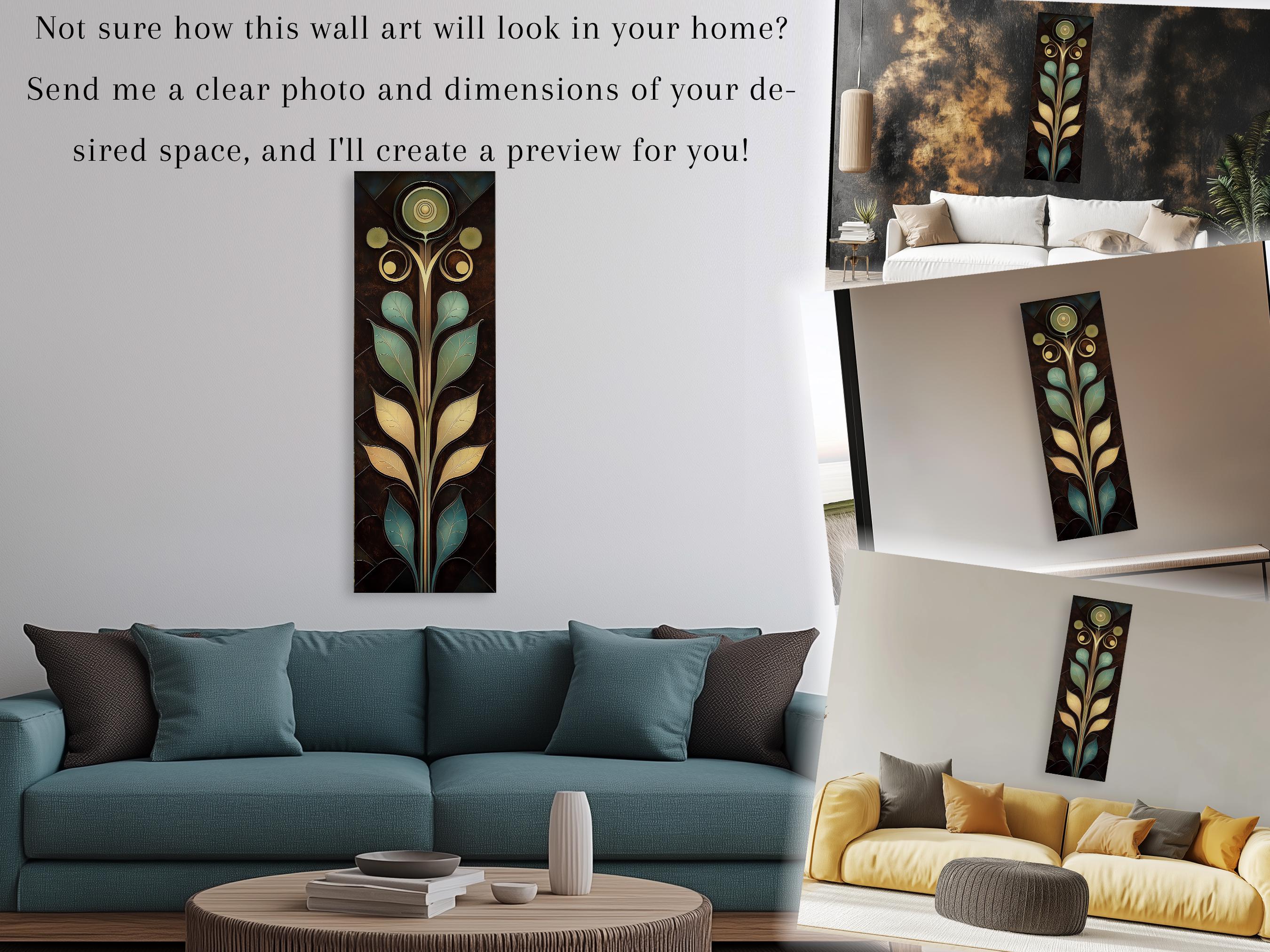 Art Deco Leaves Narrow Tall Print on Canvas, Dark Brown Background Oil ...