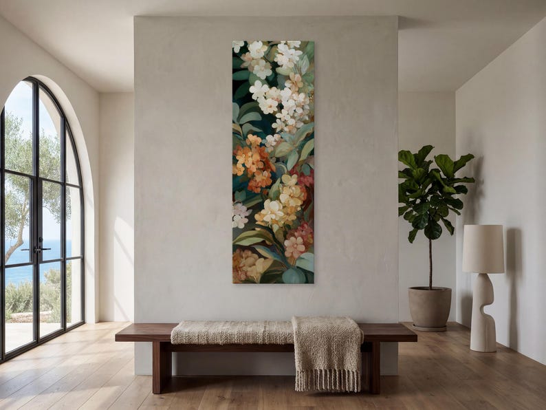 Floral Narrow Tall Print on Canvas, Abstract Blossoms Oil Painting ...