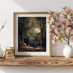 Moonlight Forest Bunnies Digital Print | Rustic Moody Painting Wall Art ...