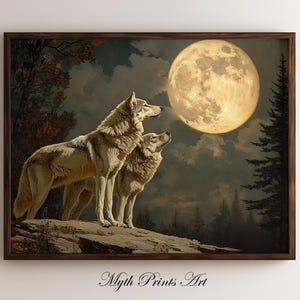 Two Wolves Full Moon Scenery Digital Print, Nature Full Moon Painting ...