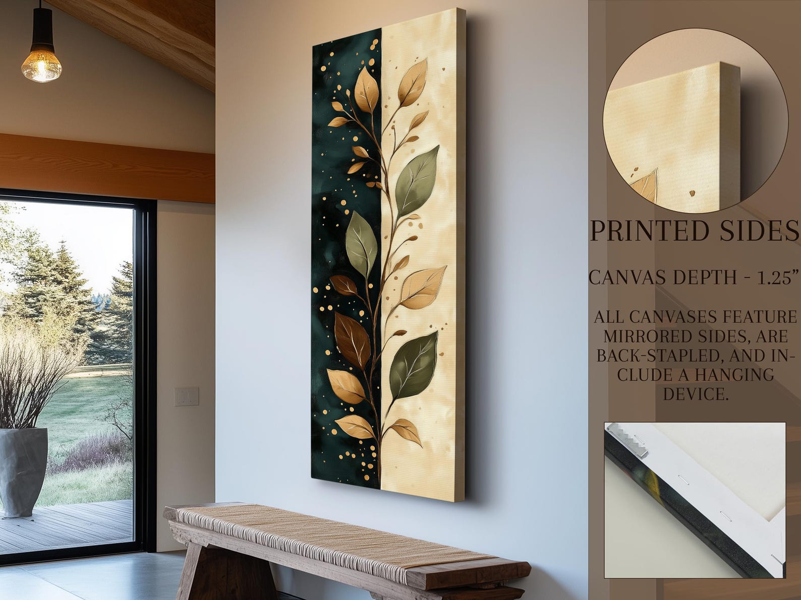 Abstract Leaves Narrow Tall Scenery Print on Canvas, Green and Beige ...