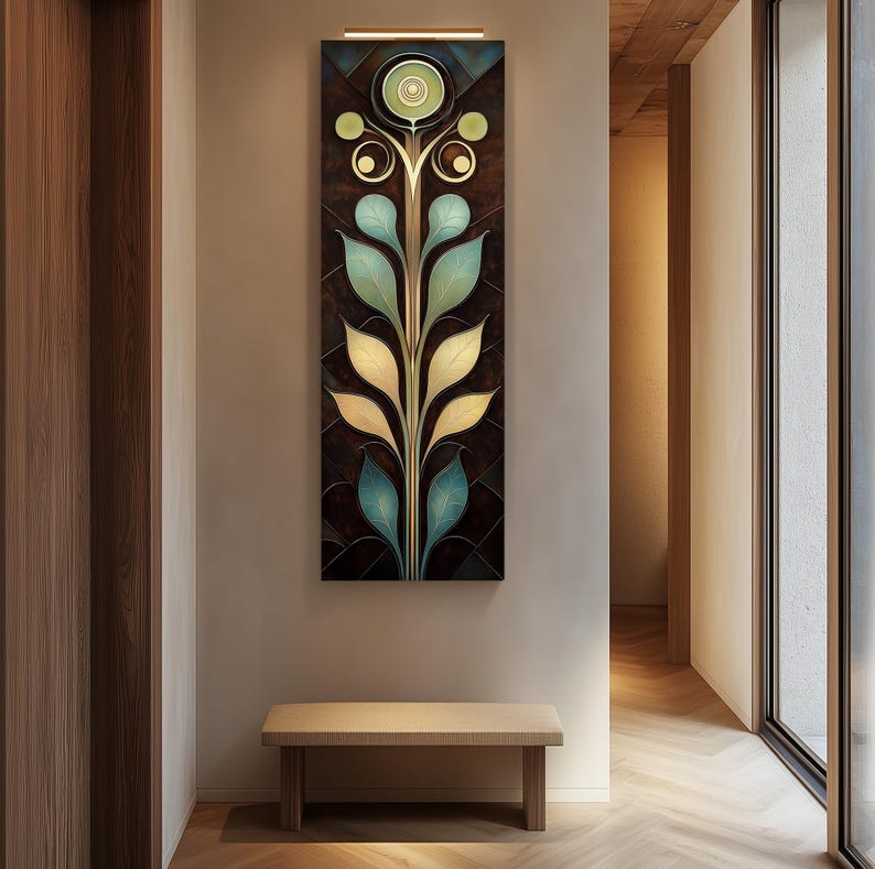 Art Deco Leaves Narrow Tall Print on Canvas, Dark Brown Background Oil ...