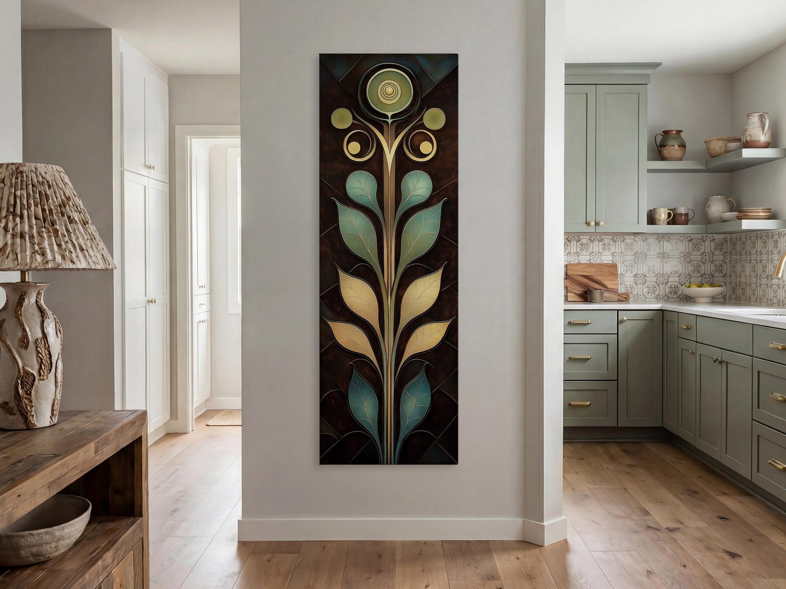 Art Deco Leaves Narrow Tall Print on Canvas, Dark Brown Background Oil ...