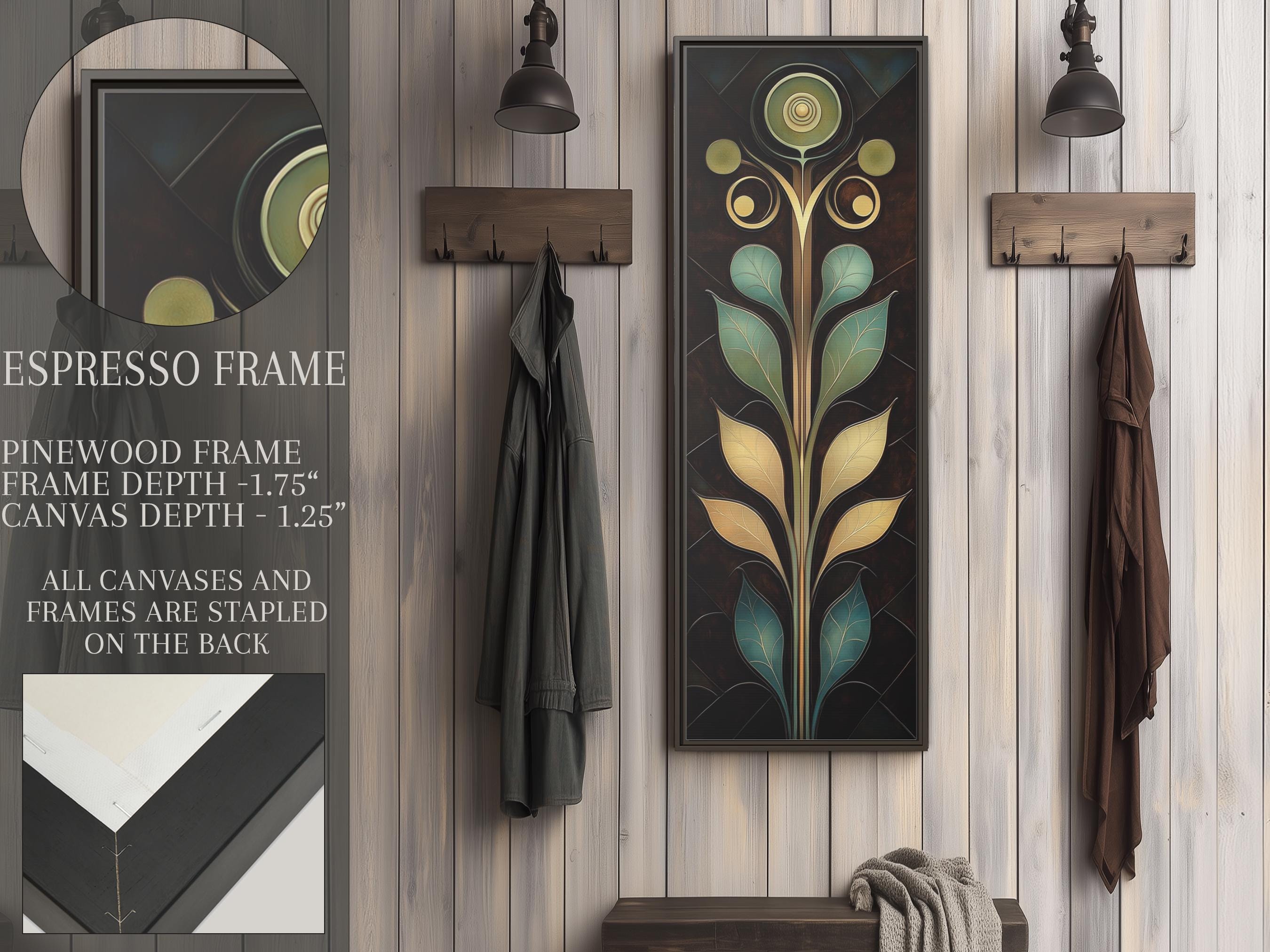 Art Deco Leaves Narrow Tall Print on Canvas, Dark Brown Background Oil ...