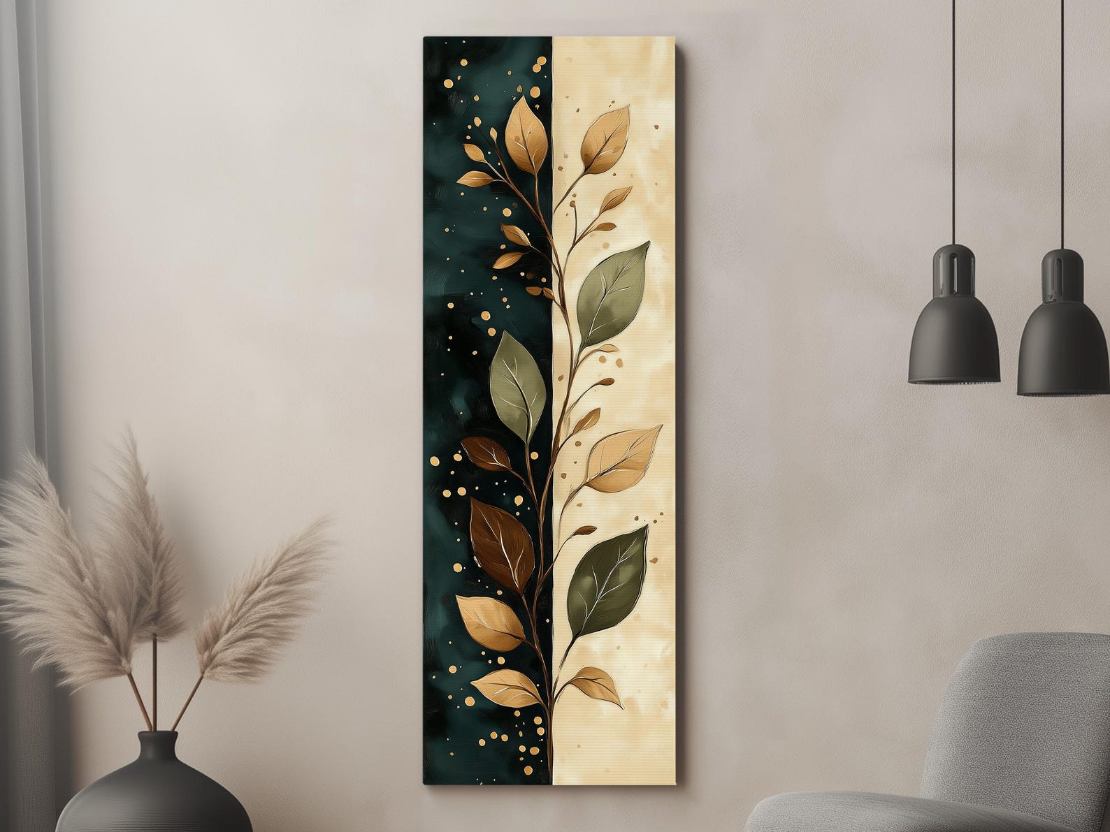 Abstract Leaves Narrow Tall Scenery Print on Canvas, Green and Beige ...