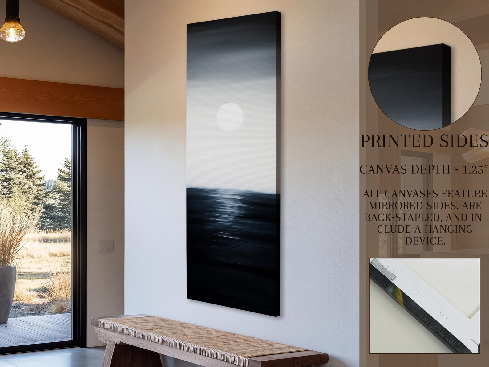 Abstract Sunset Narrow Tall Scenery Print on Canvas, Black and White ...