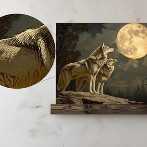 Two Wolves Full Moon Scenery Digital Print, Nature Full Moon Painting ...