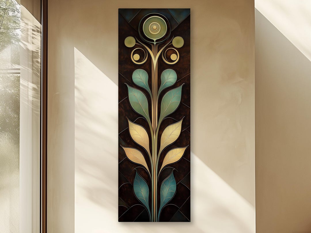 Art Deco Leaves Narrow Tall Print on Canvas, Dark Brown Background Oil ...