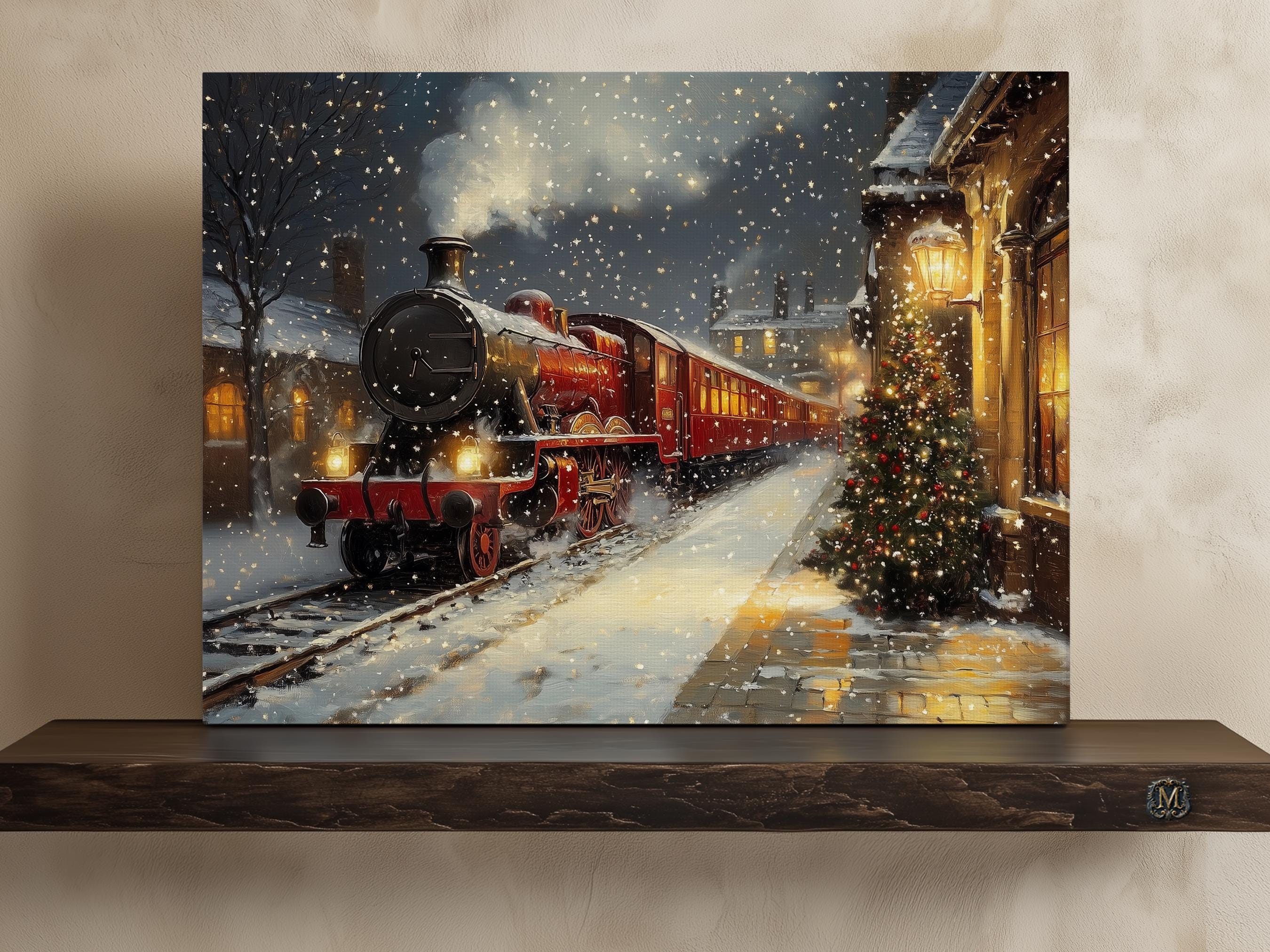 Christmas Train Print on Canvas or Premium Archival Paper, Vintage ...