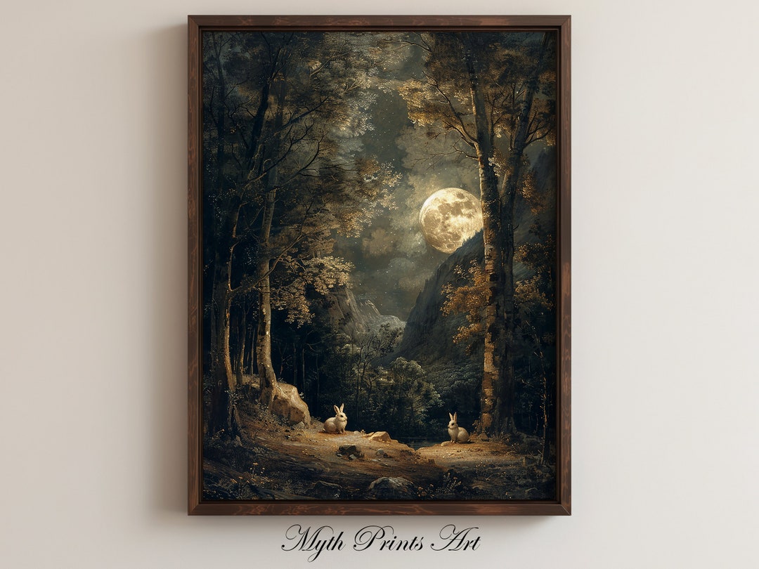 Moonlight Forest Bunnies Digital Print Rustic Moody Painting Wall Art ...