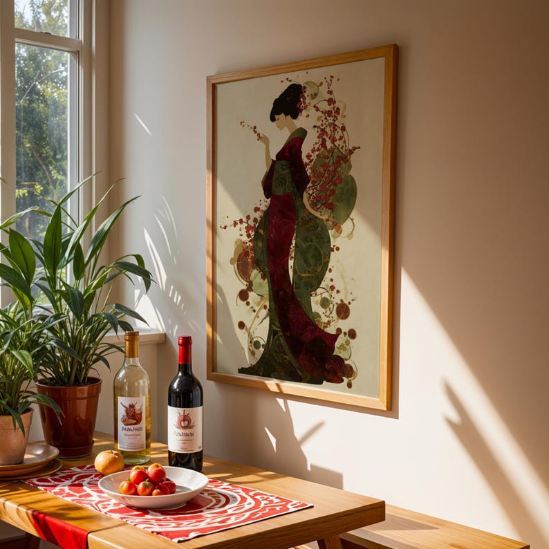 日本の芸者植物版画 - アールヌーボー様式の桜のポスターアート - Etsy 日本