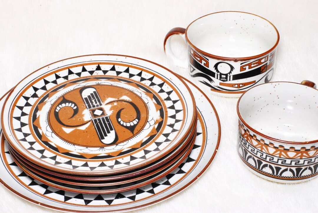 Vintage Collectible 7 Piece Southwest Aztec Glaze Ceramic Boho Style ...