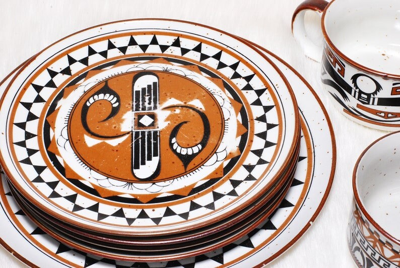 Vintage Collectible 7 Piece Southwest Aztec Glaze Ceramic Boho Style ...