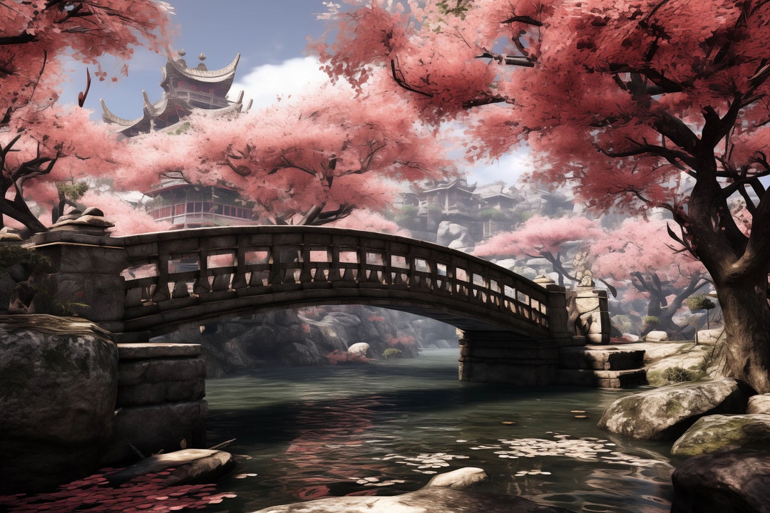 Japanese Cherry Blossom Tree Near Bridge 24x16 - Etsy