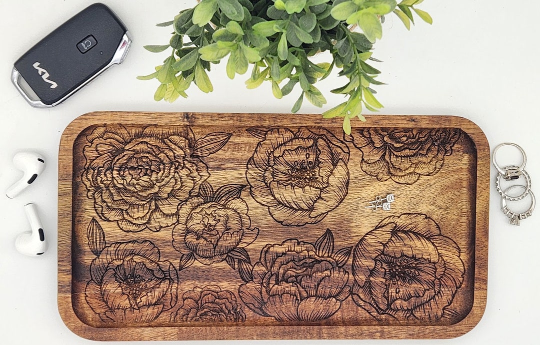 Peony Engraved Valet Tray, Jewelry Dish, Engraved Wooden Valet Tray ...