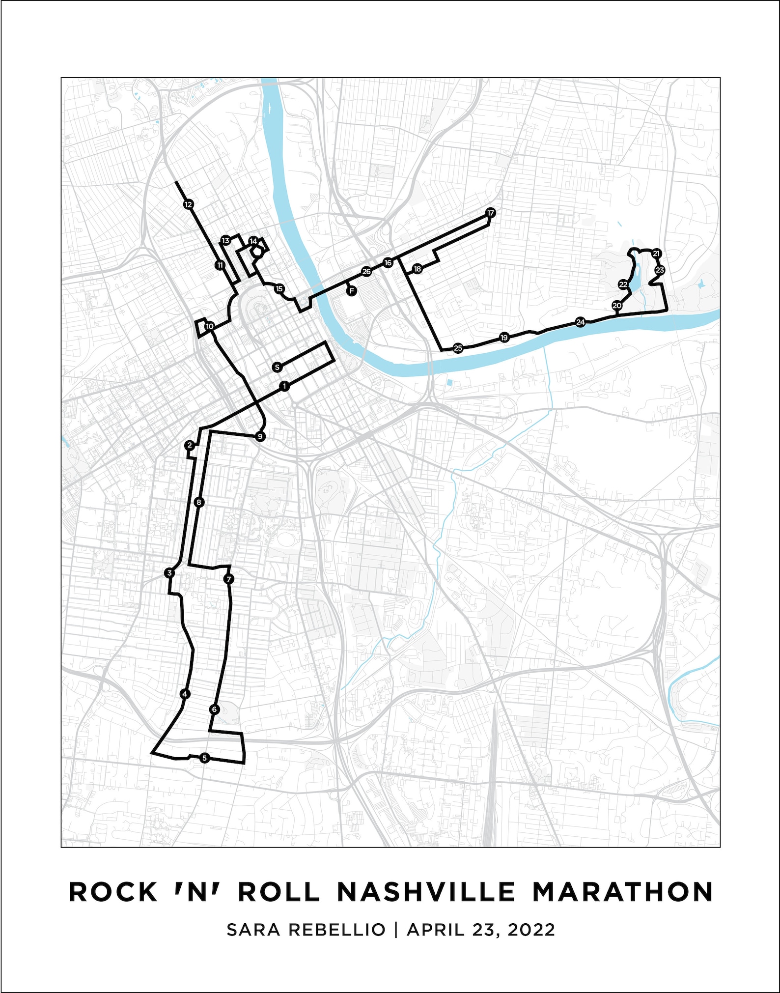 Nashville Marathon Course Map Personalized Nashville Route Map Rock N ...