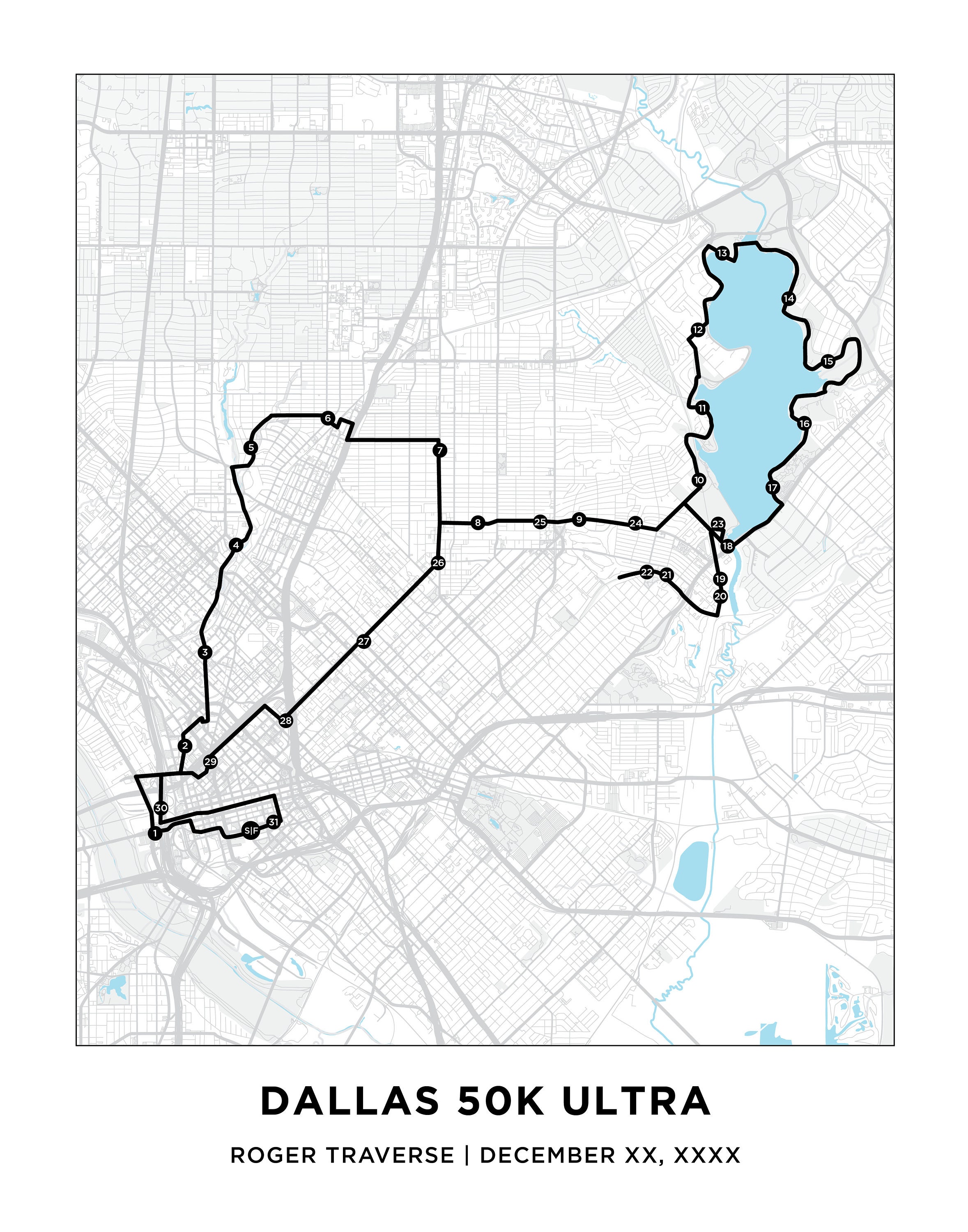 Dallas 50k Ultra Course Map Personalized Dallas 50k Ultra Route Map ...