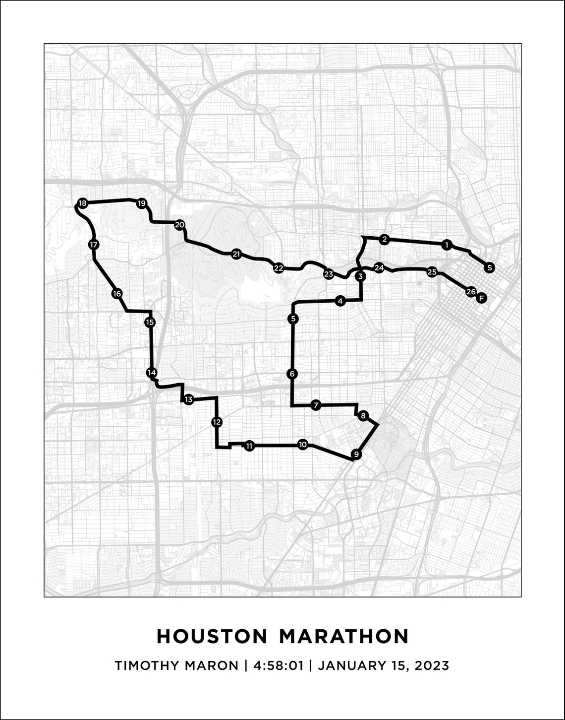 Houston Marathon Course Map Personalized Houston Marathon Route Map ...