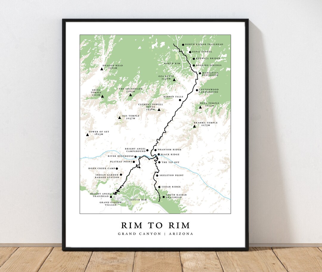 Rim to Rim Hiking Trail Map | Rim to Rim Print | Grand Canyon | Hiking ...