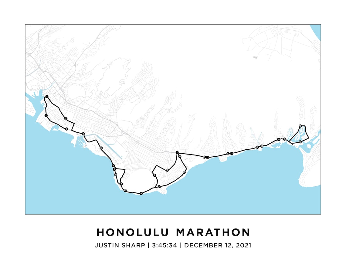 Honolulu Marathon Course Map Personalized Honolulu Route Map - Etsy