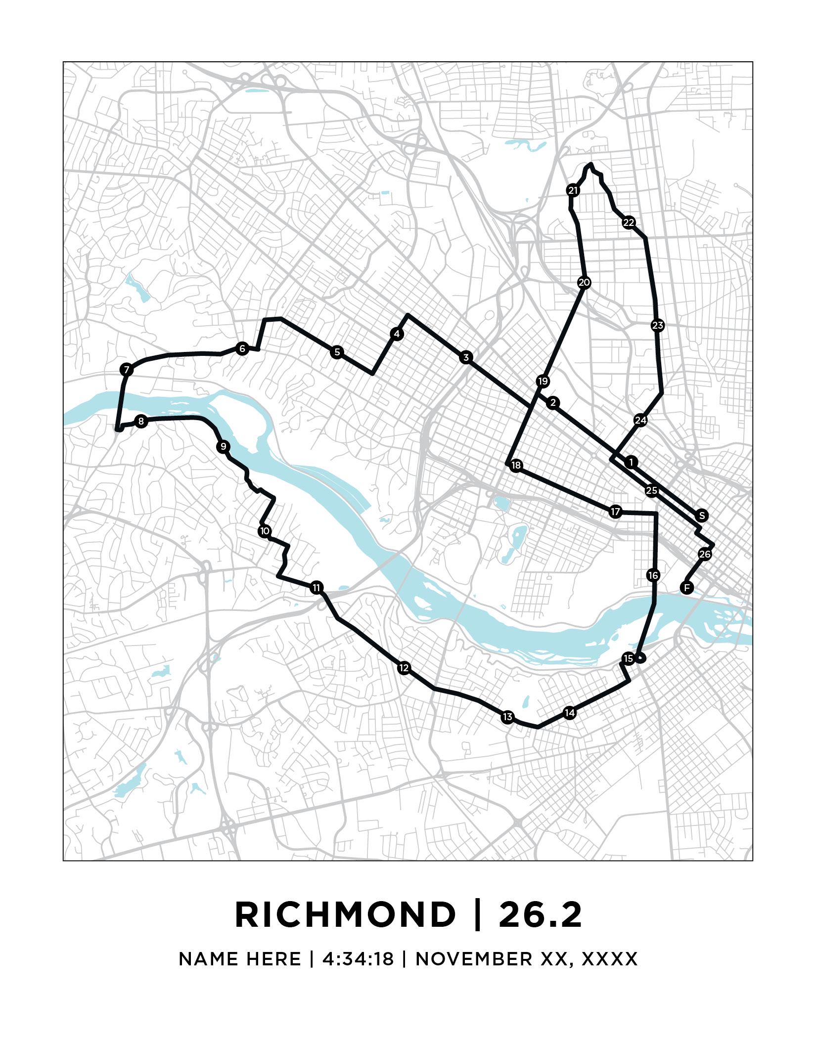 Richmond 26.2 Marathoner Course Map | Personalized Richmond Route Map ...