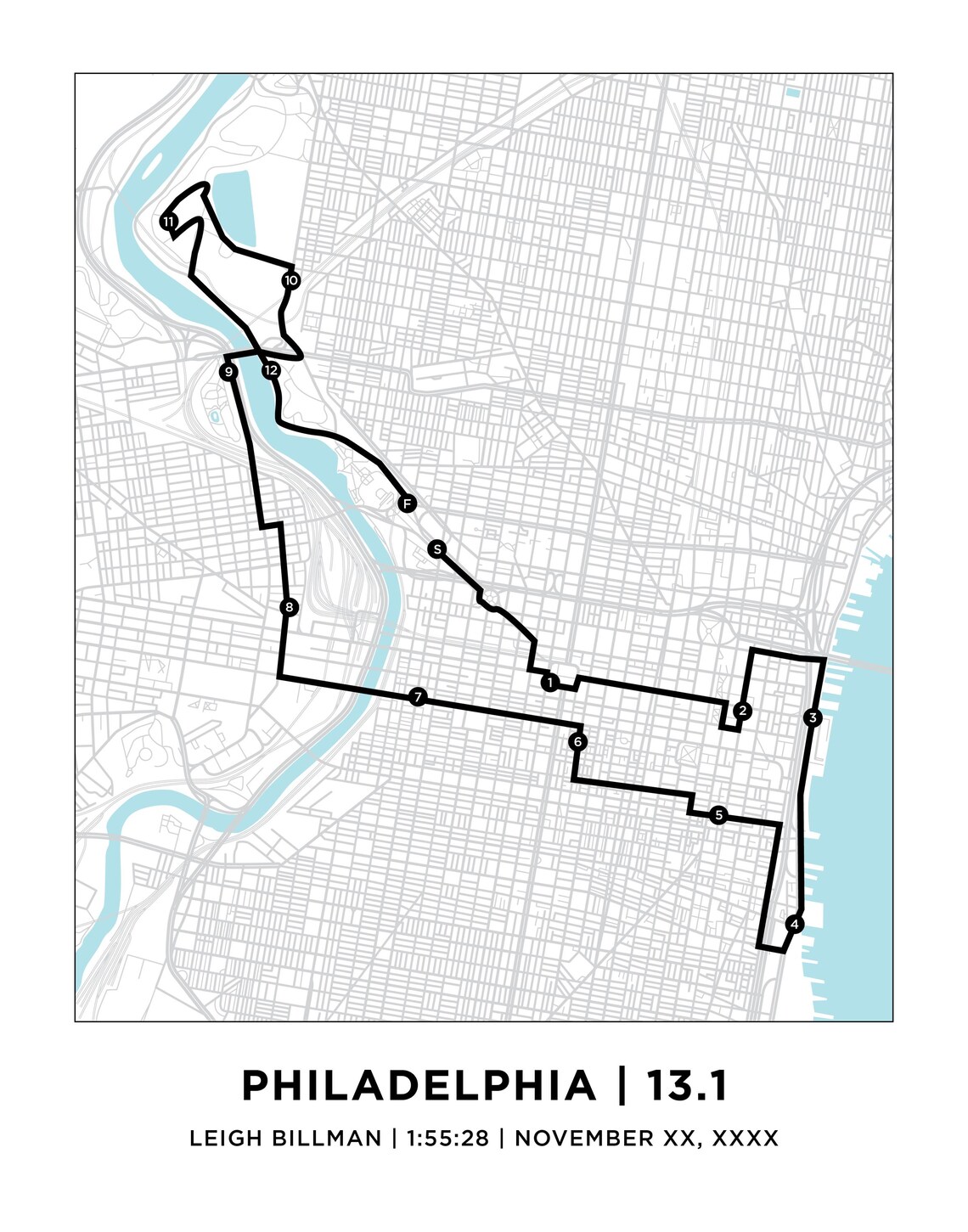 Philadelphia Half 13.1 Marathoner Course Map | Personalized Philly Half ...