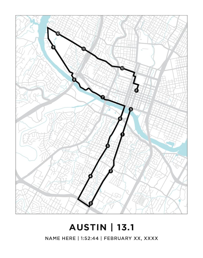 Austin 13.1 Running Map Print | Personalized Runner Gift - Etsy Denmark