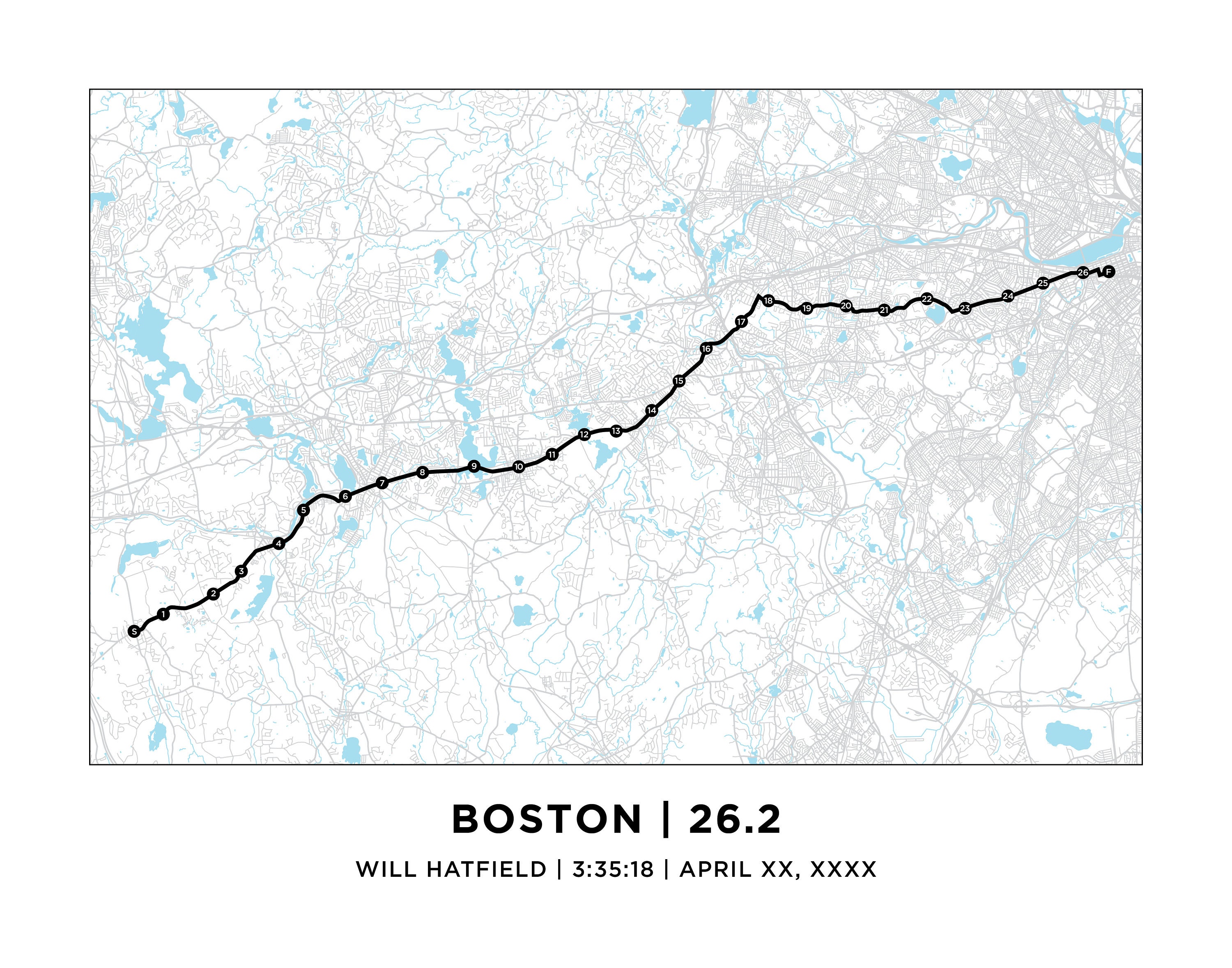 Boston 26.2 Course Map | Personalized Boston Route Map | Custom ...