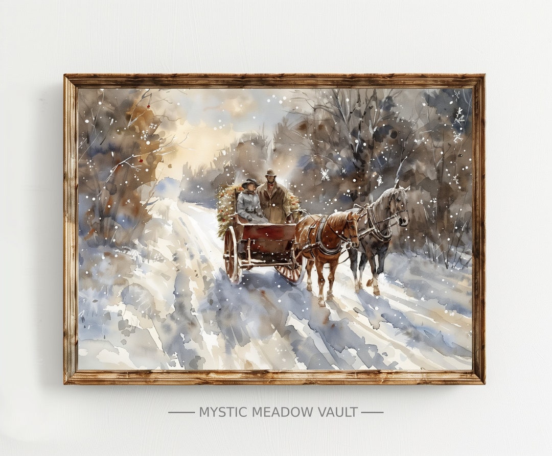 Vintage Sleigh Ride Art | Watercolor Holiday Print | Nostalgic Winter ...