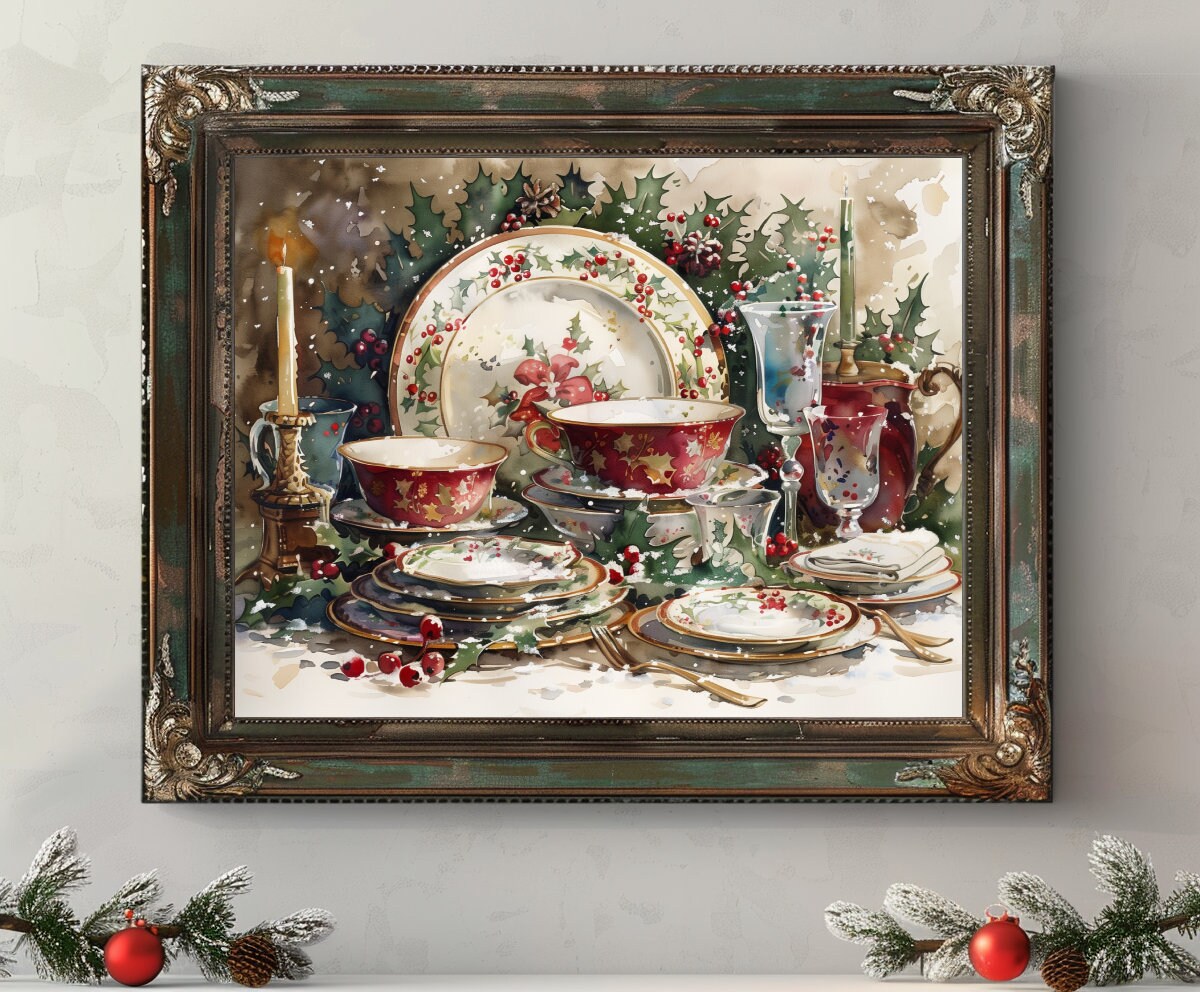 Holiday Dinnerware Art | Watercolor Christmas Print | Festive Table ...