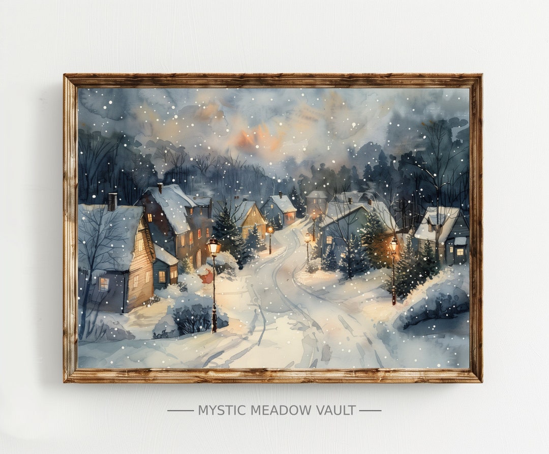 Snow-covered Village Art | Watercolor Christmas Print | Serene Winter ...