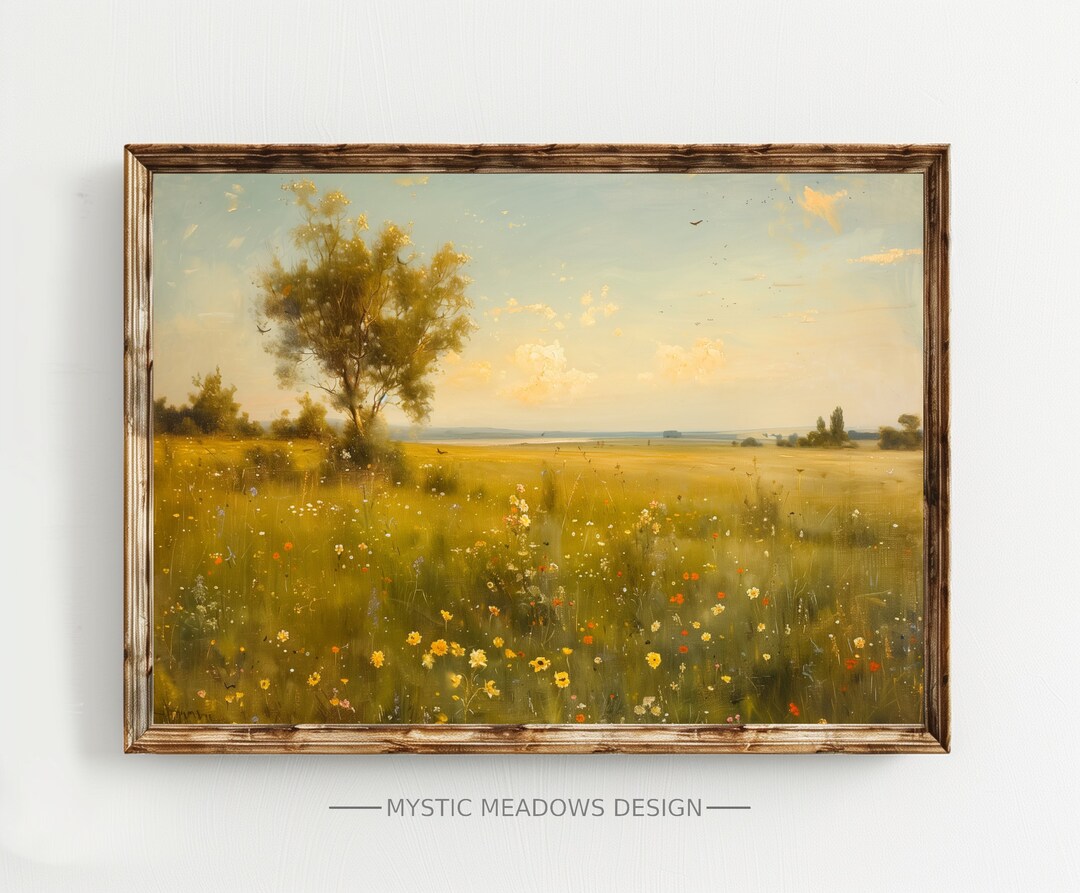 Idyllic Wildflower Field - Light Gold and Beige Landscape, Charming ...