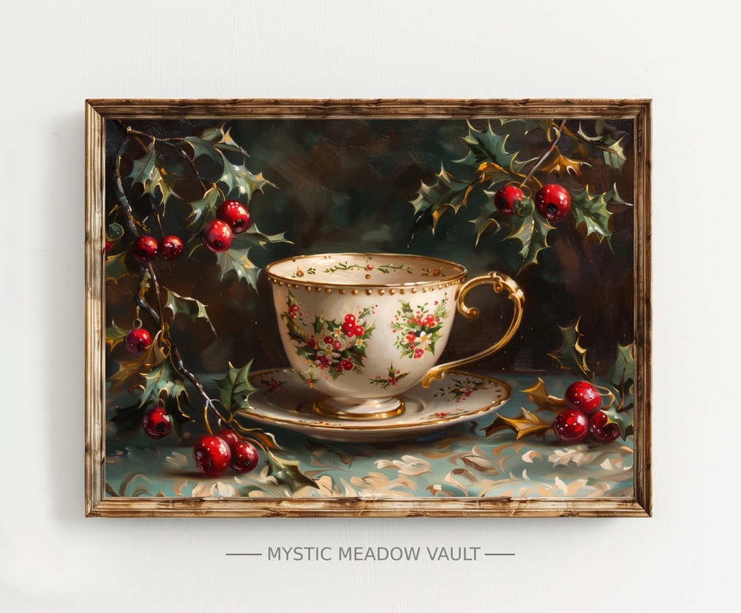 Festive Holiday Teacup Print | Vintage Christmas Art | Nostalgic Winter ...