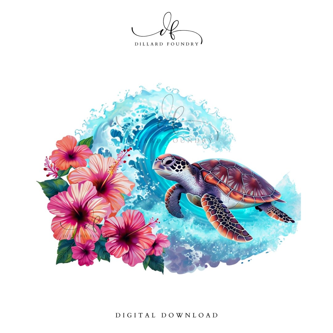 Sea Turtle Wave and Flowers PNG & SVG: Tropical Beach Design (digital ...