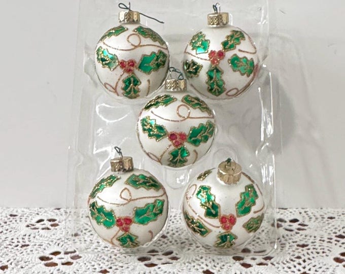 Vintage White Holly Glass Ball Ornaments Set of 5 - Etsy