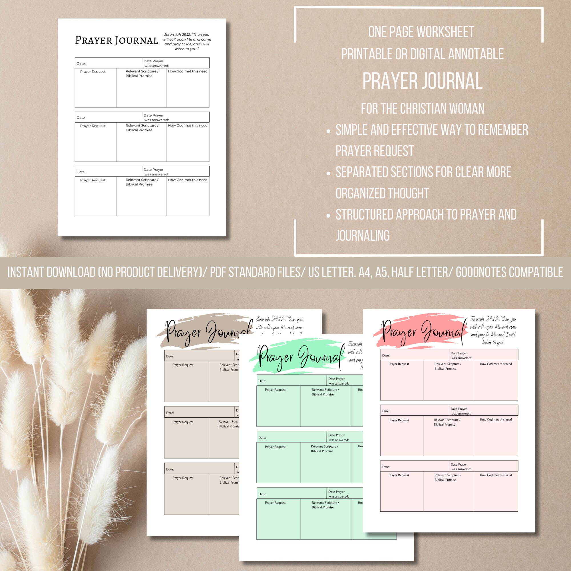 Prayer Journal, Bible Journaling, 4 Colors 4 Sizes, 1 Page, Christian ...