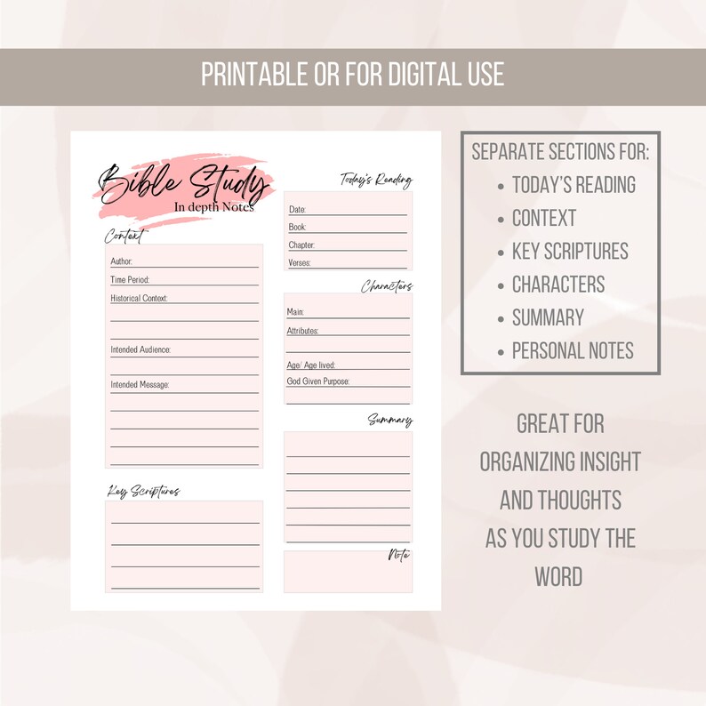 Bible Study in Depth Notes, Bible Study Worksheet, 1 Page, Christian ...