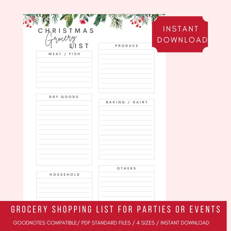 Printable Christmas Shopping Checklist, Holiday Grocery List (digital ...
